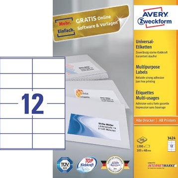 Avery etiketten 105 x 48mm 12 etiketten per vel